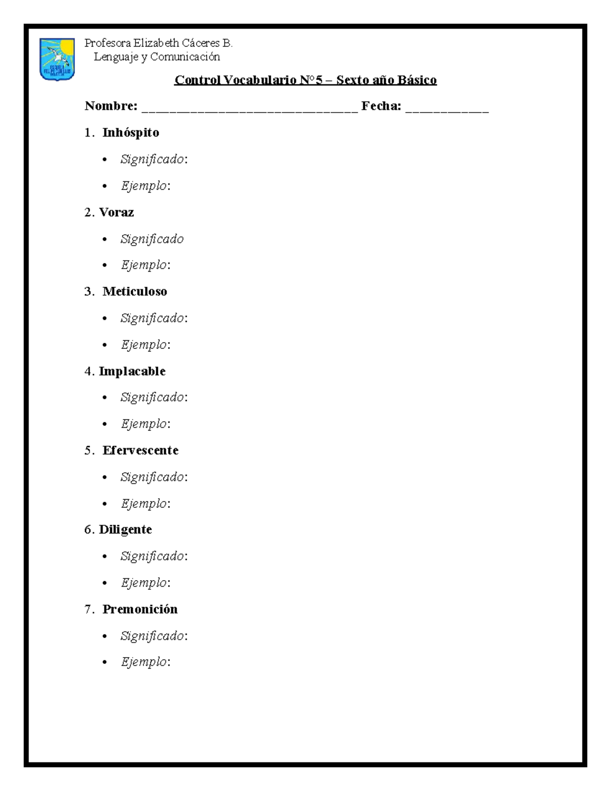 Fornato sexto voc - 5 - palabras vocabulario - Profesora Elizabeth ...