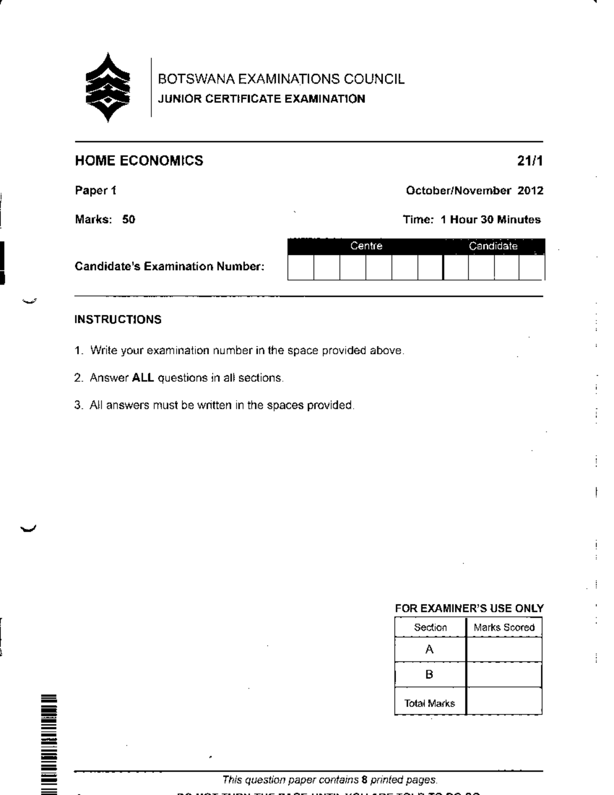 BOTSWANA JCE HOME ECONOMICS Paper 1 Exam 2012 - Study Guide - Studocu