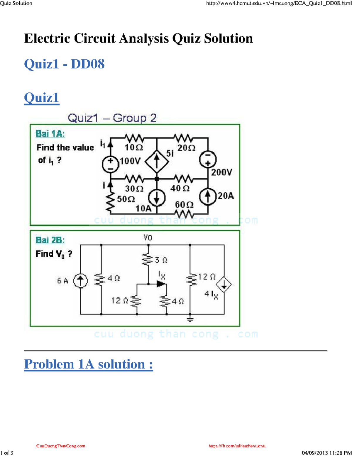 Chương 1 - bài tập GTM - Electric Circuit Analysis Quiz Solution Quiz1 - DD Quiz Problem 1A ...