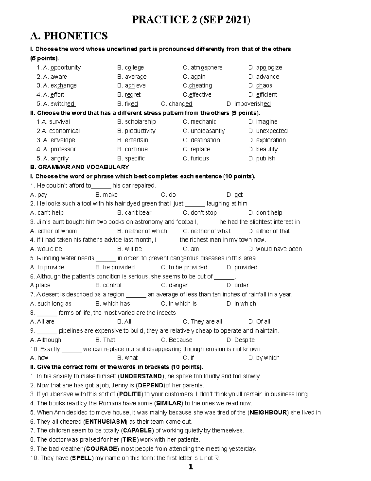 Practice-2: Phonetics, Grammar, Vocabulary, and Reading Exercises - Studocu