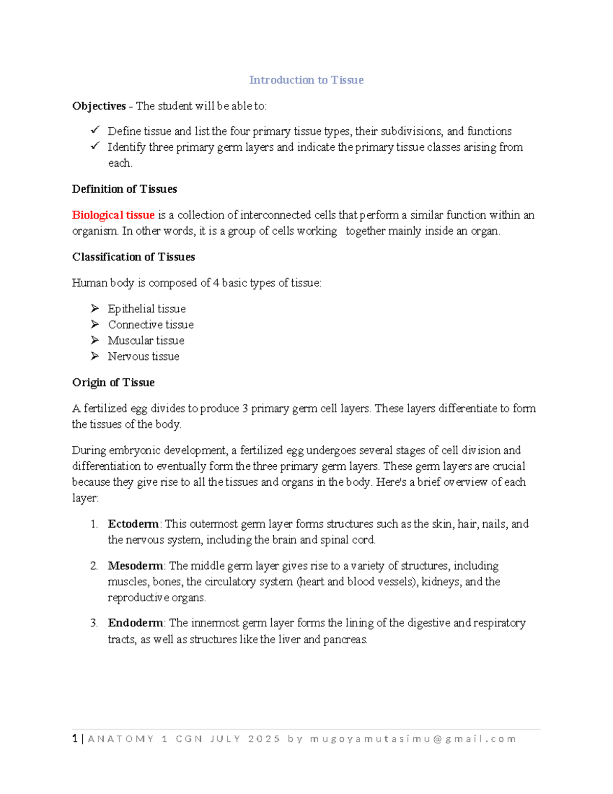 Histology: Introduction to Tissues and Their Functions (ANATOMY 1 CGN ...