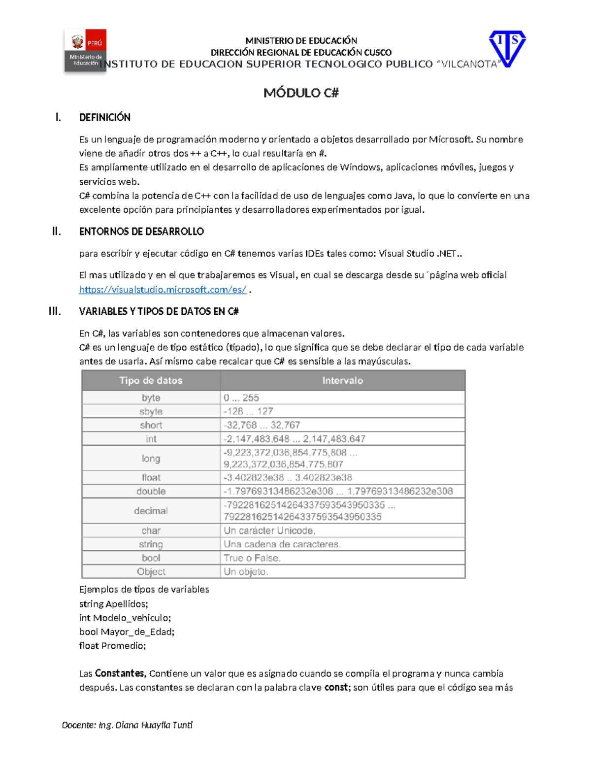 Módulo C#: Introducción al Lenguaje de Programación y Estructuras ...