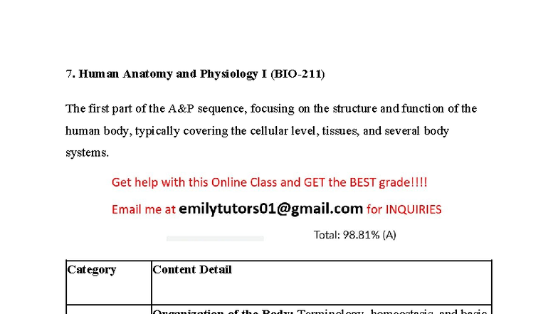 Human Anatomy and Physiology I (BIO-211) Course Overview and Key Topics ...