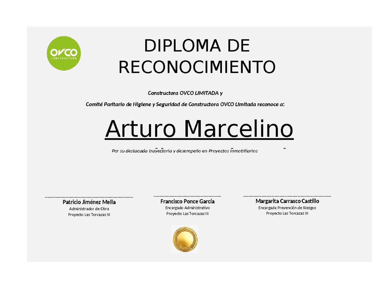 Formato de Diploma - DIPLOMA DE RECONOCIMIENTO Constructora OVCO ...