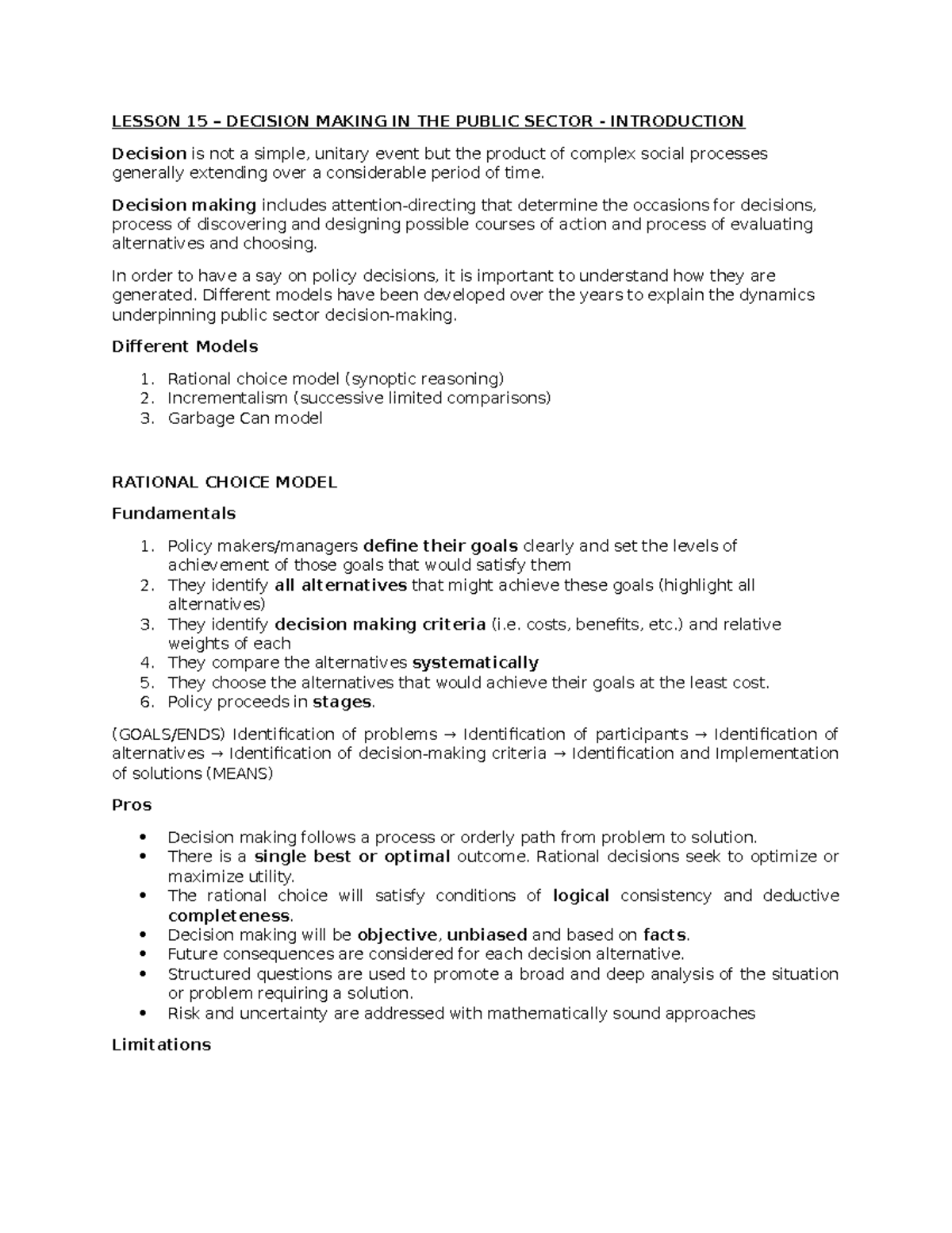 Public Management II: Decision Making & Policy Analysis Notes - Studocu