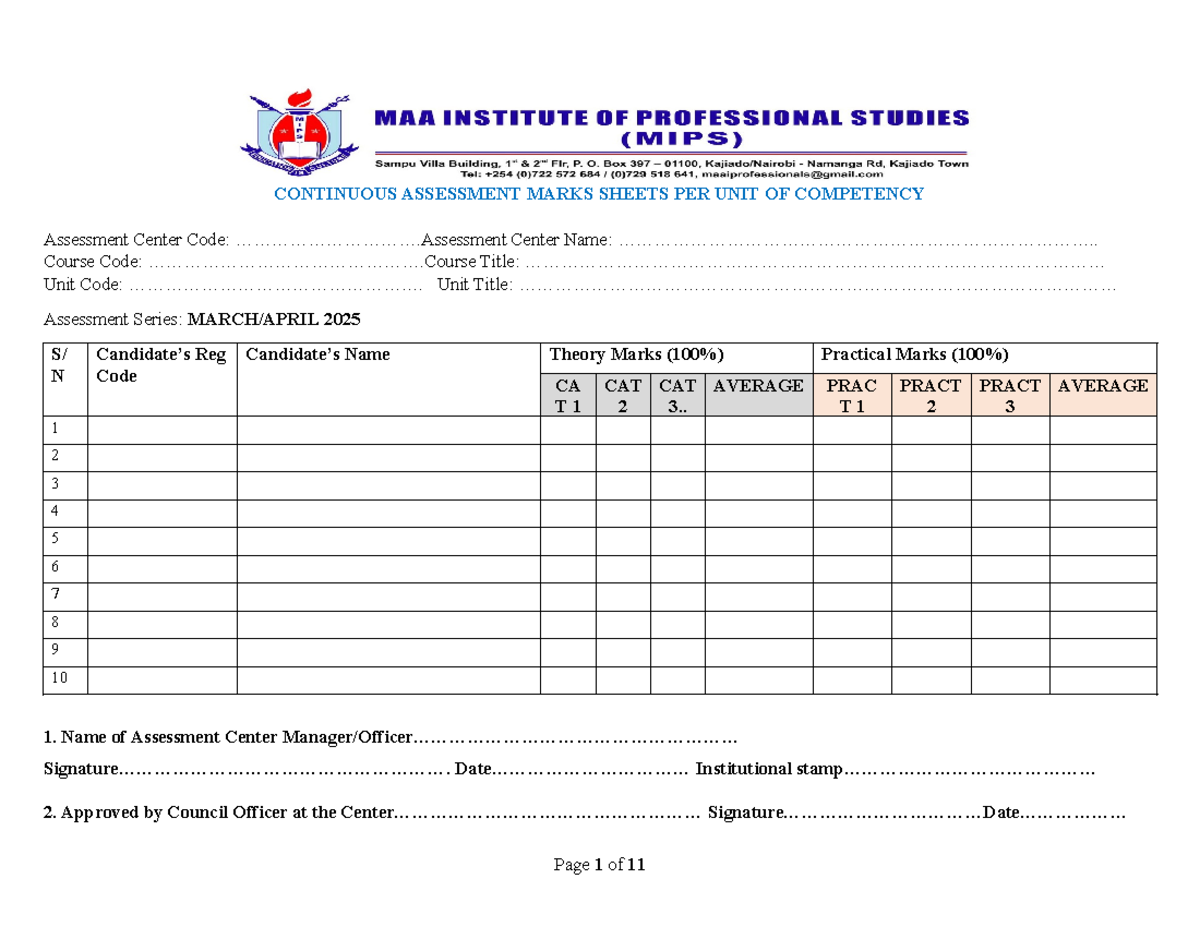 Continuous Assessment Marks Sheets for Unit Competency - 2025 - Studocu