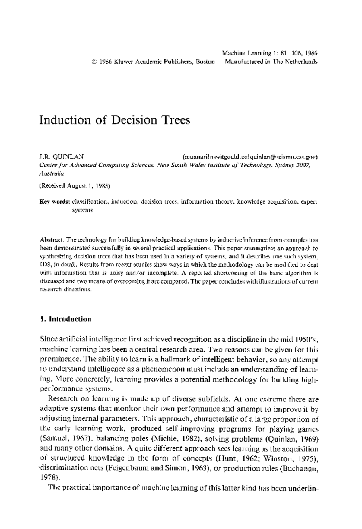 Decision tree - Machine Learning 1: 81-106, 1986 © 1986 Kluwer Academic ...