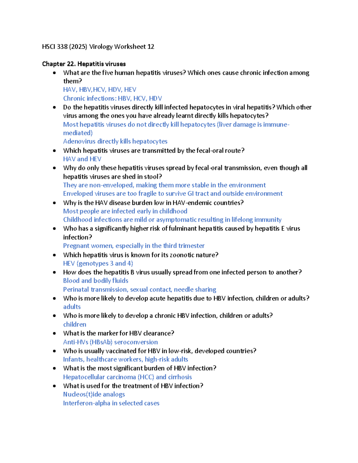 HSCI 338 (2025) Virology Worksheet 12: Hepatitis Viruses Overview - Studocu
