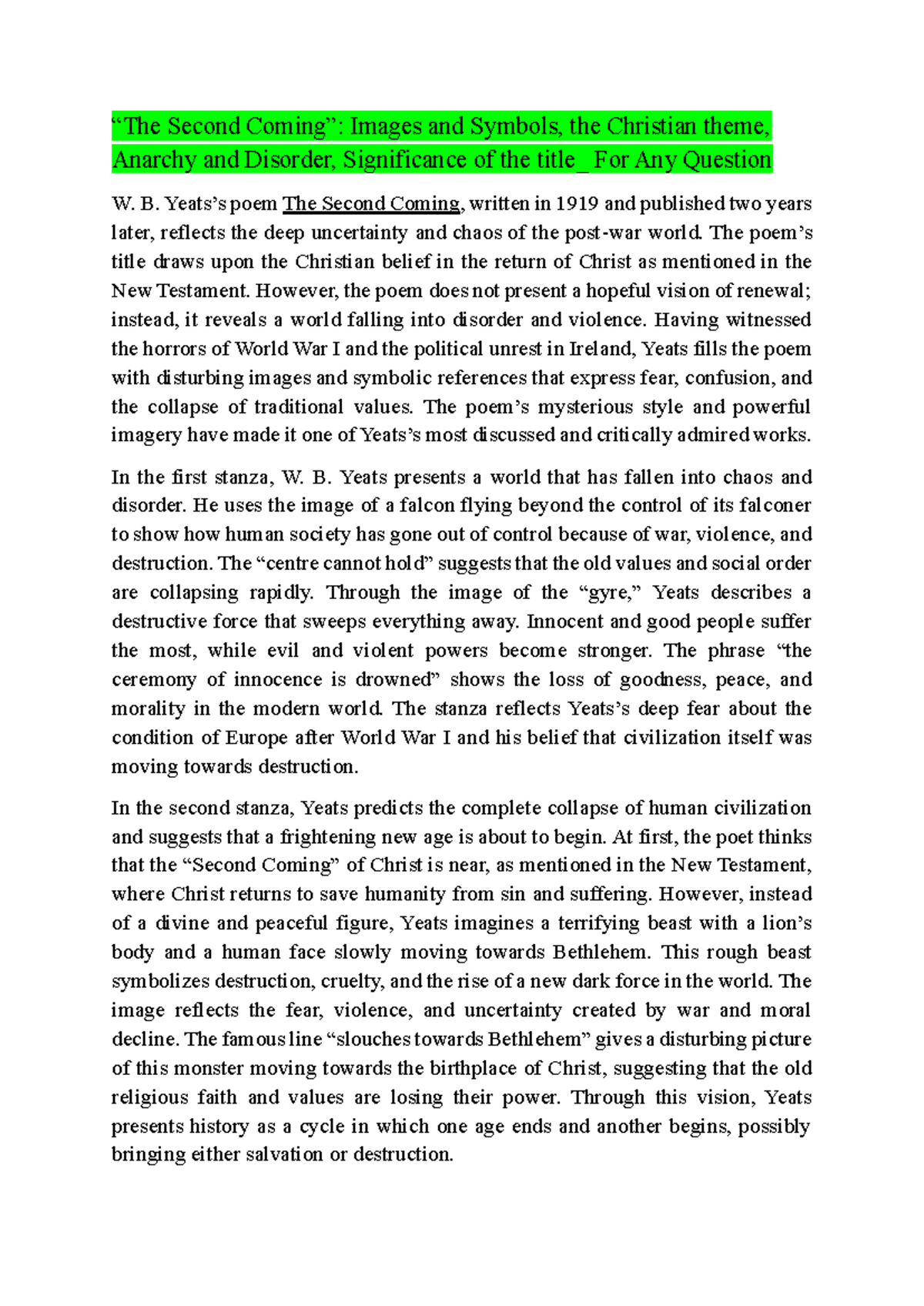 The Second Coming: Analyzing W. B. Yeats' Poem on Chaos and Disorder ...