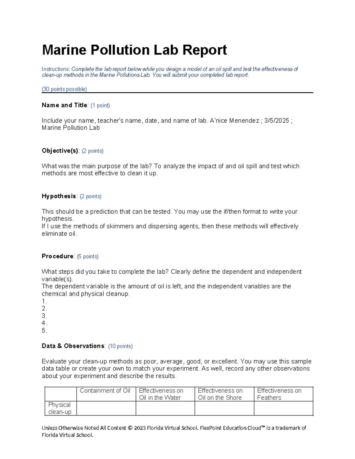 Marine Pollution Lab Report: Oil Spill Model & Cleanup Methods - Studocu