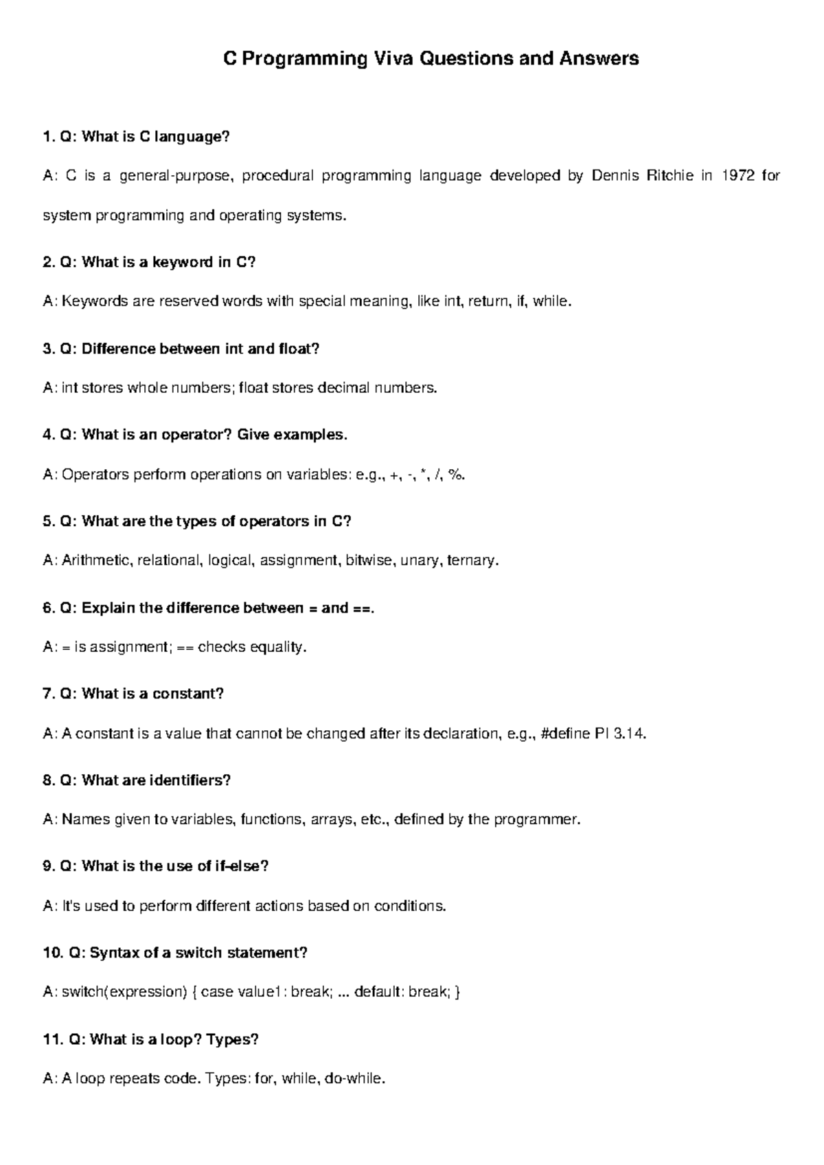 C Programming Viva Questions & Answers: Essential Guide - Studocu