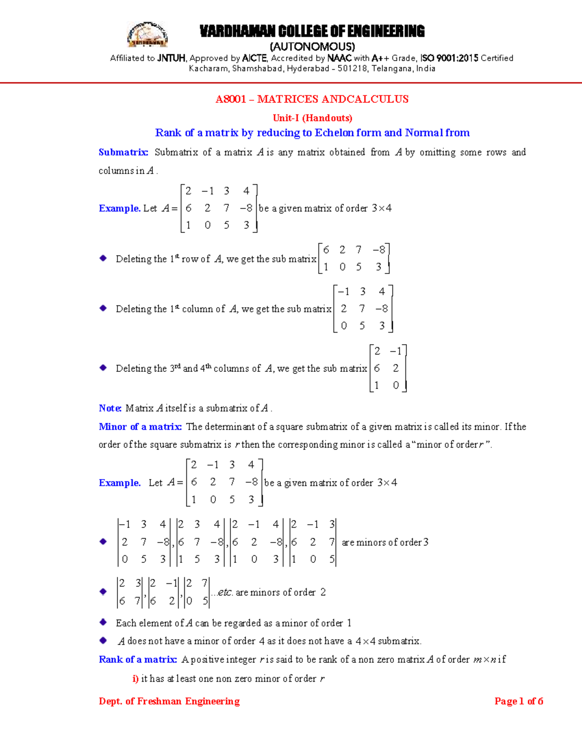 A8001 MATRICES AND CALCULUS (Handouts) - Rank, Minors, and Echelon Form ...