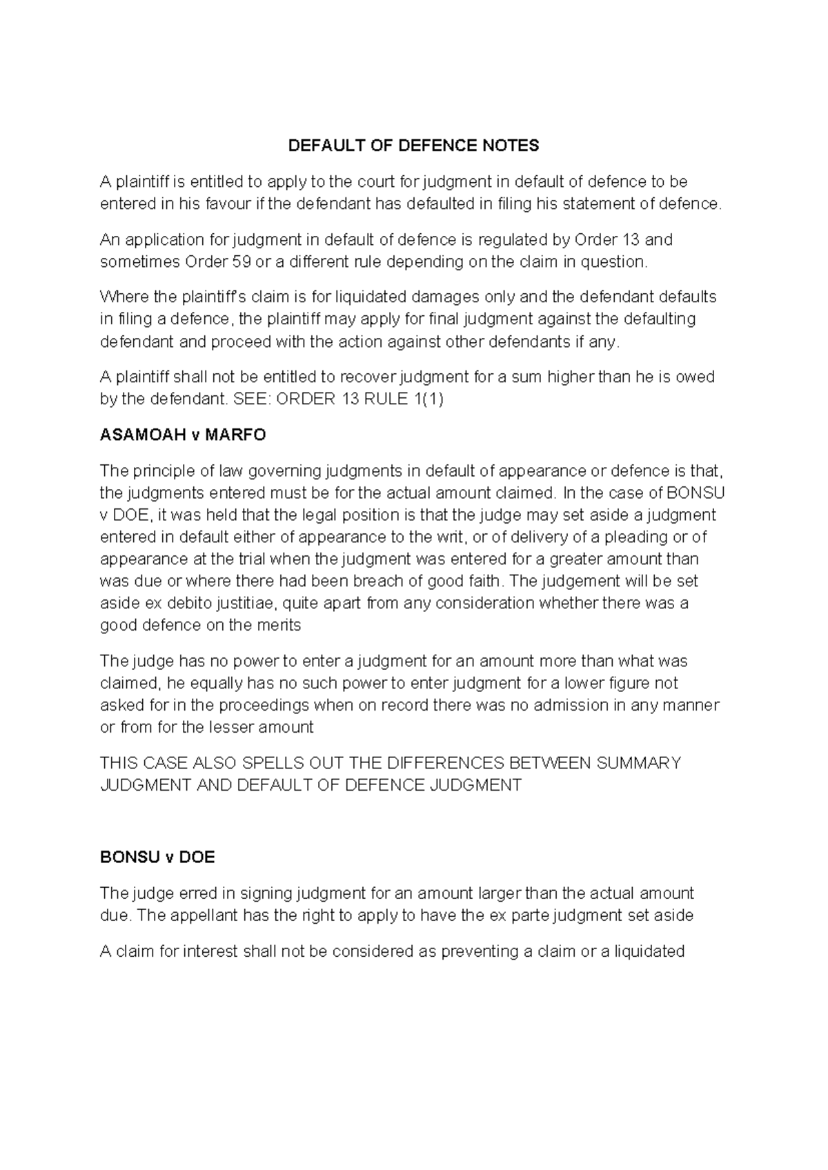 Default of Defence: Legal Principles and Case Insights - Studocu