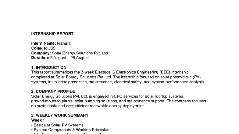 EEE Internship Report: Solar Energy Solutions by Nishant - Studocu