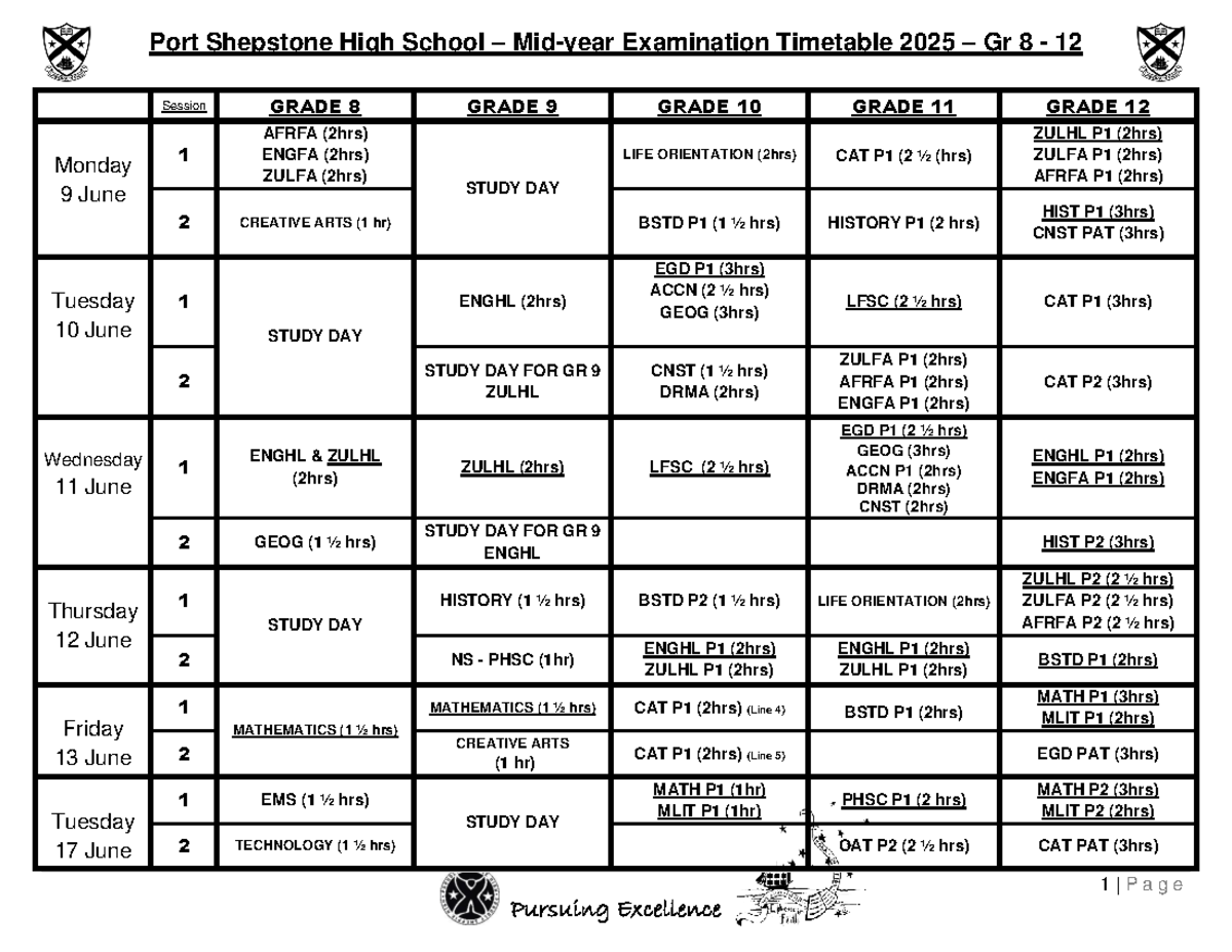 Mid-Year Exam Timetable 2025 for Grades 8 to 12 - Studocu