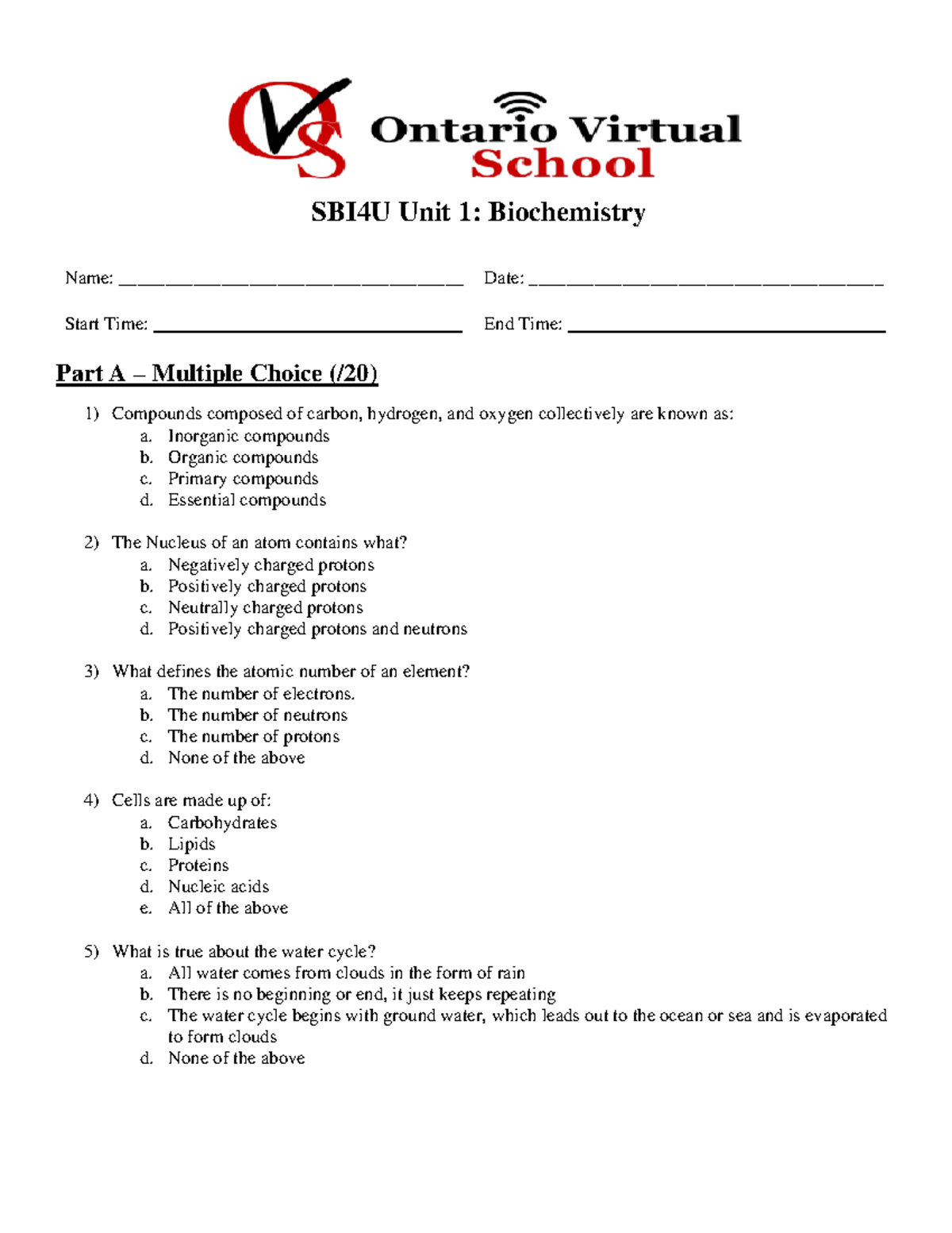 SBI4U Test 1: Biochemistry Multiple Choice & Short Answers - Studocu