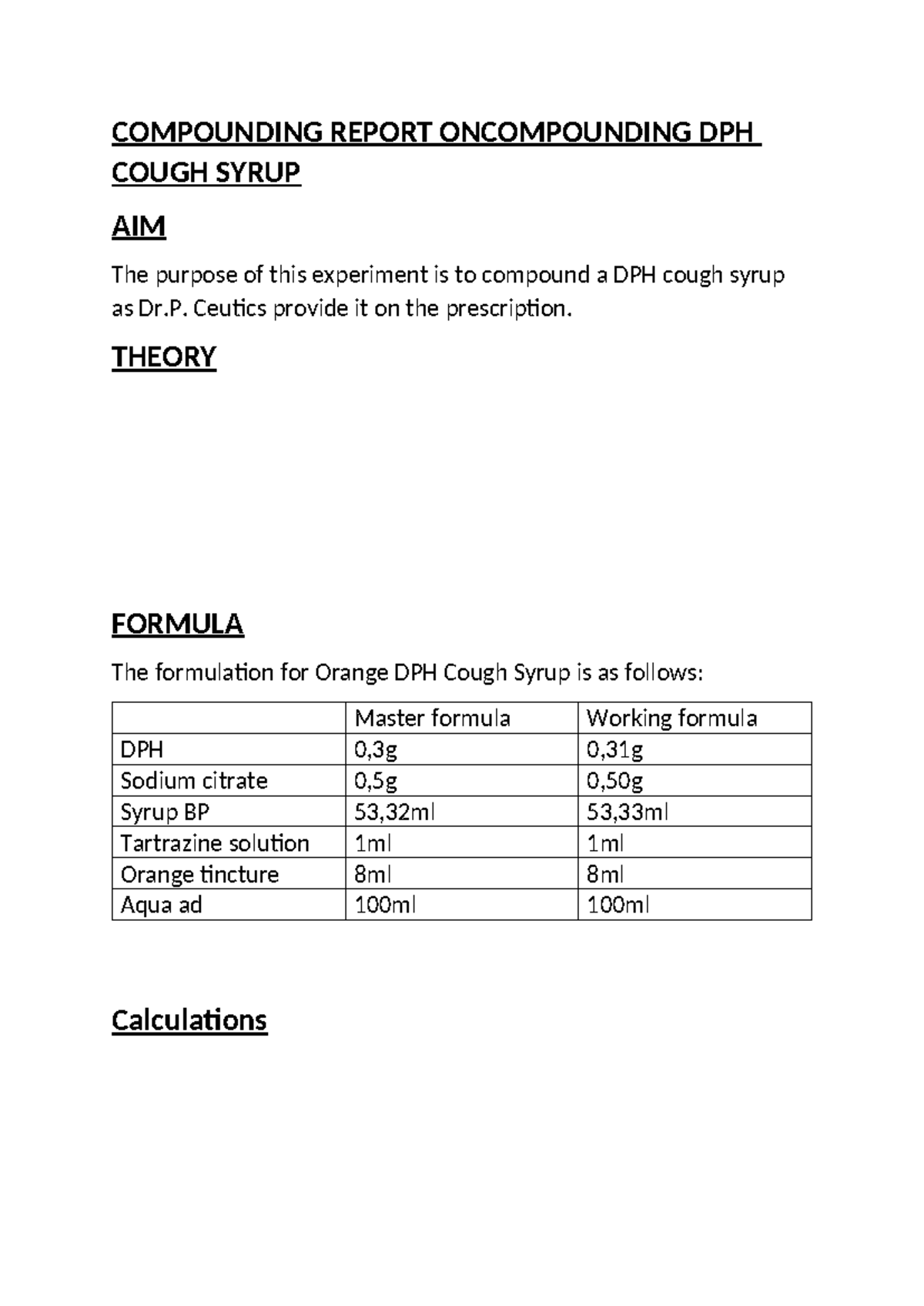 DPH Cough Syrup Compounding Lab Report - PHAR 101 - Studocu