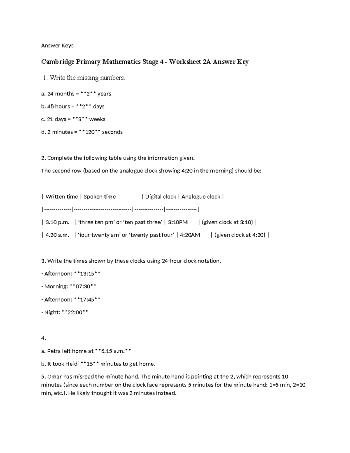 Math Week 4 Answer Keys - Cambridge Primary Mathematics Stage 4 - Studocu
