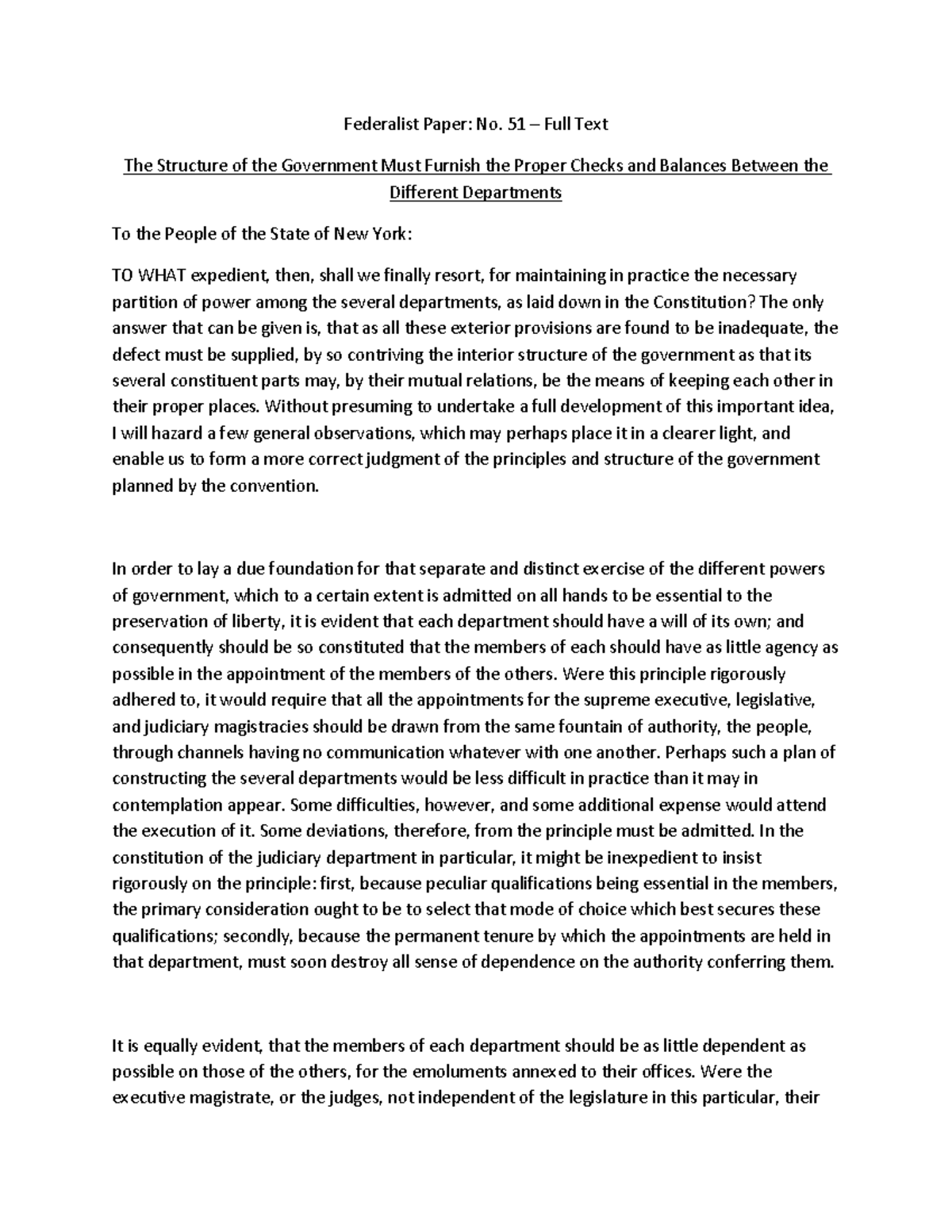 Federalist Paper No. 51: Checks and Balances in Government Structure ...