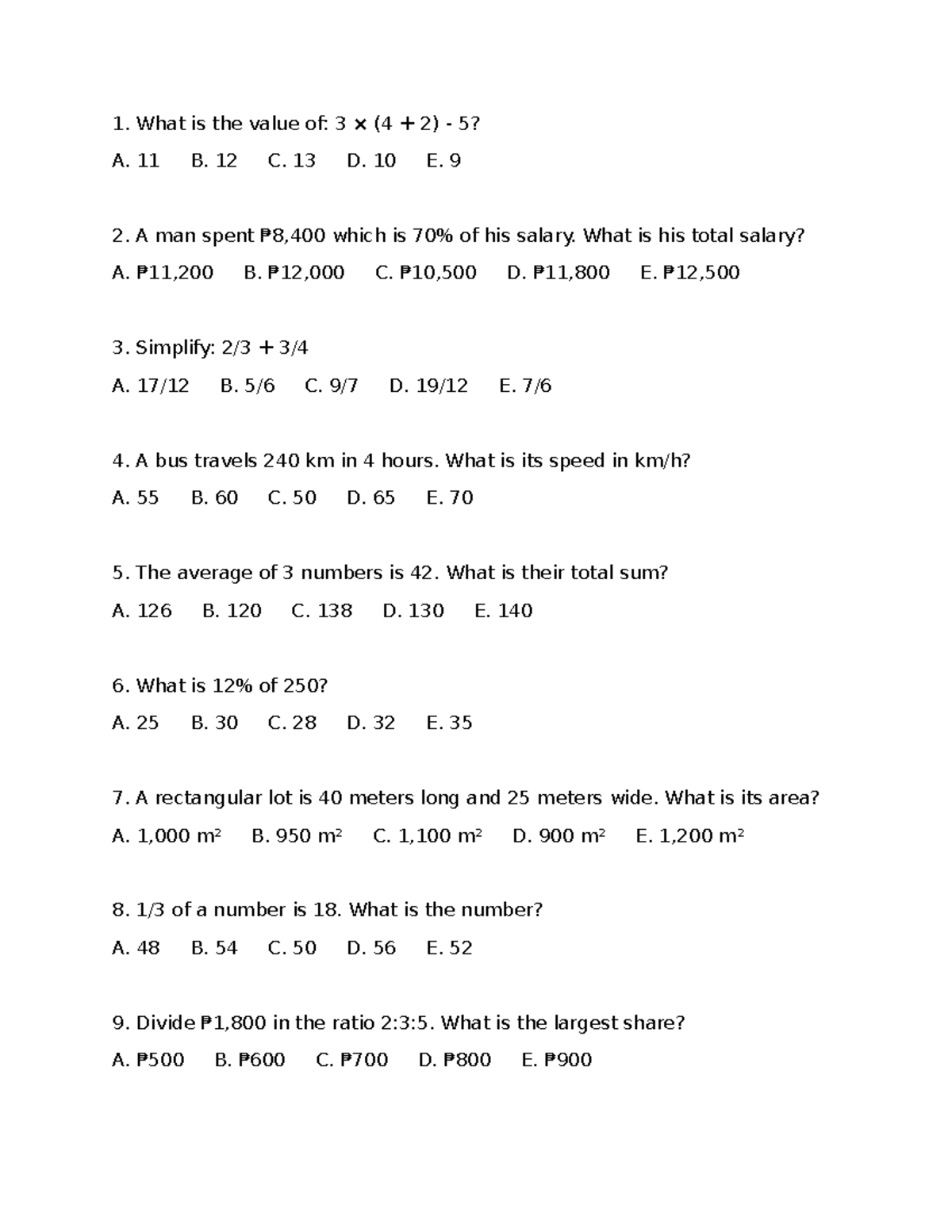 Math Quiz - Aug-3: Problem Solving & Calculations - Studocu
