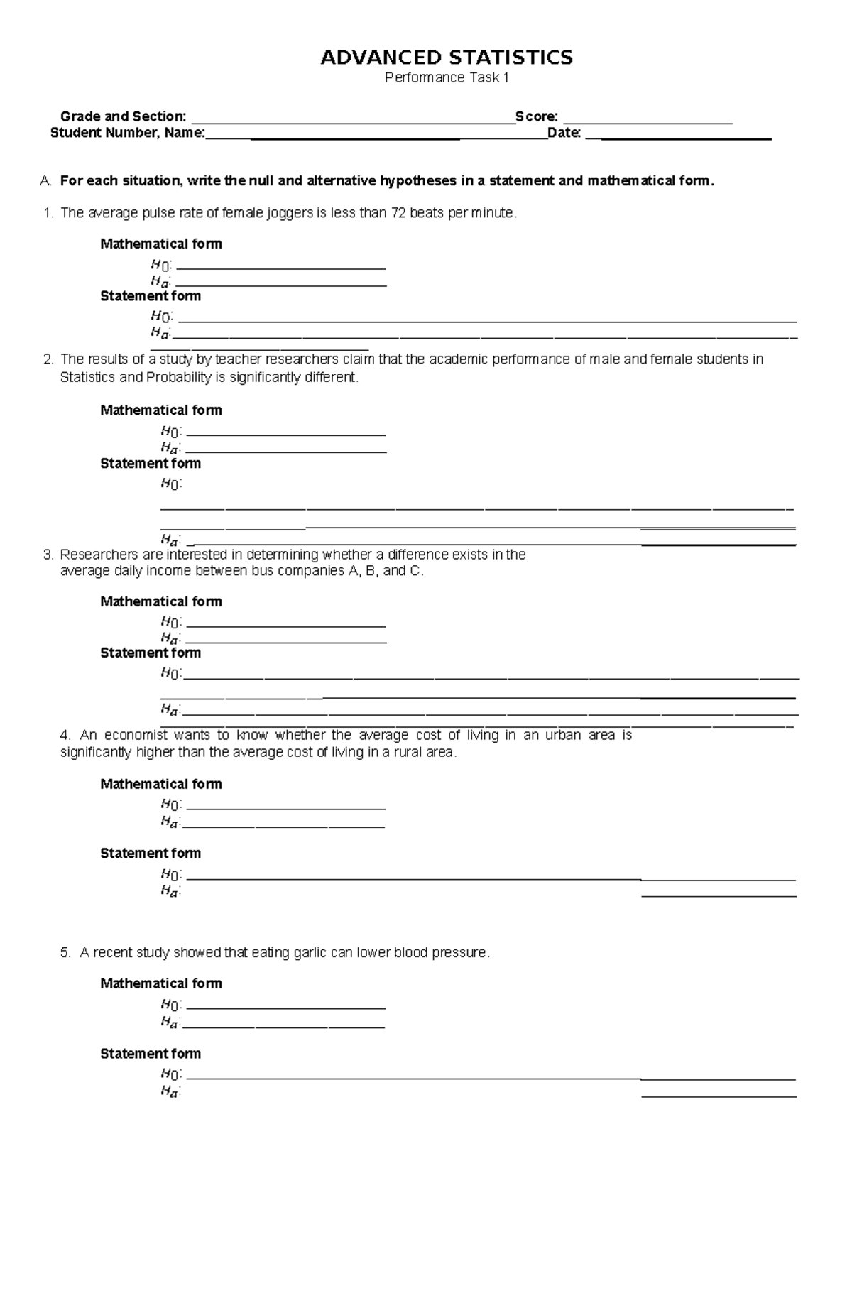 Advanced Statistics Hypothesis Testing Performance Task 1 - Studocu