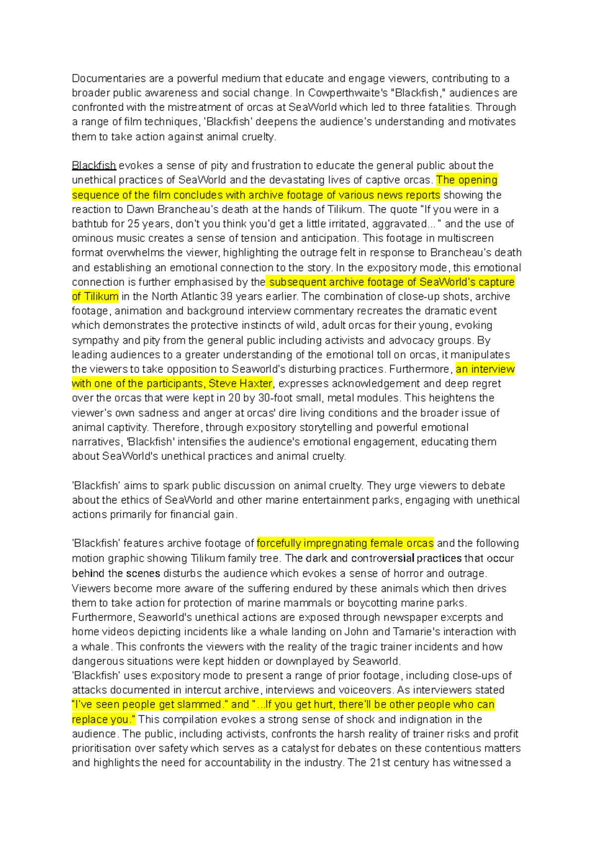 Analysis of "Blackfish": Exposing Animal Cruelty at SeaWorld - Studocu