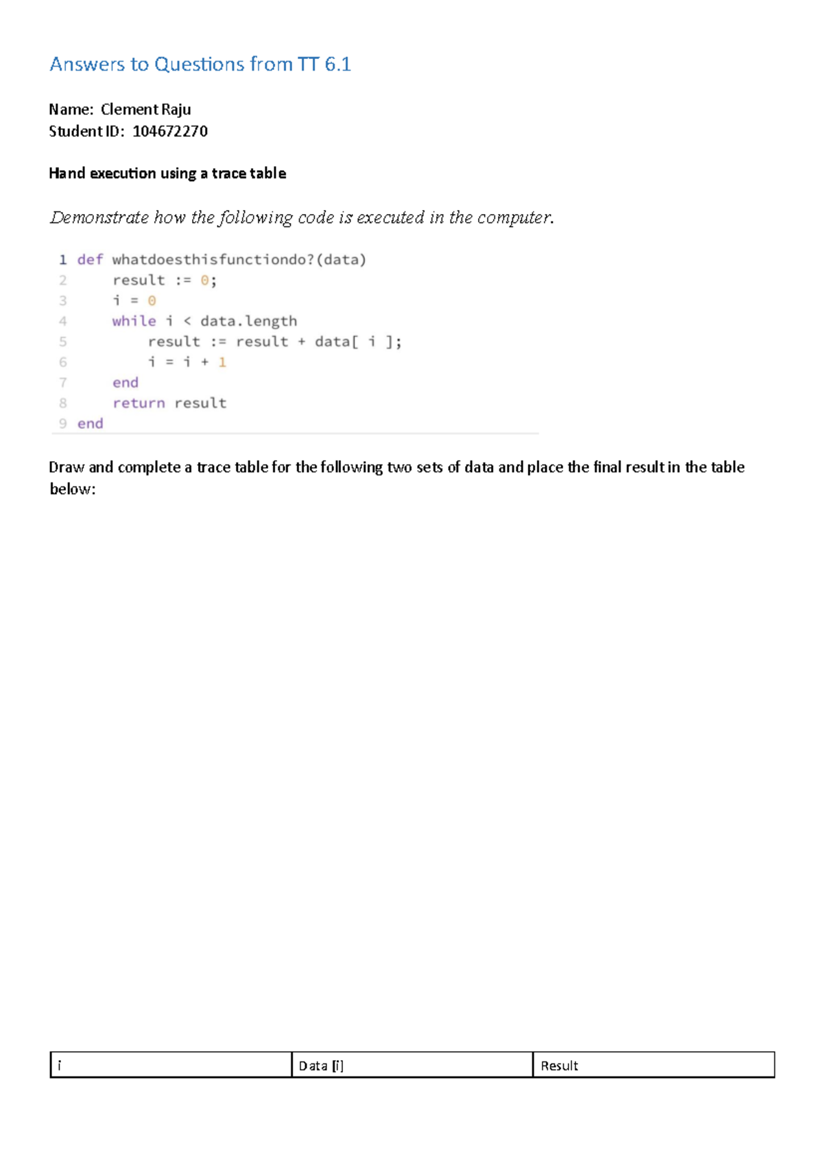 Tutorial Task TT 6.1: Hand Execution of Arrays with Trace Table - Studocu