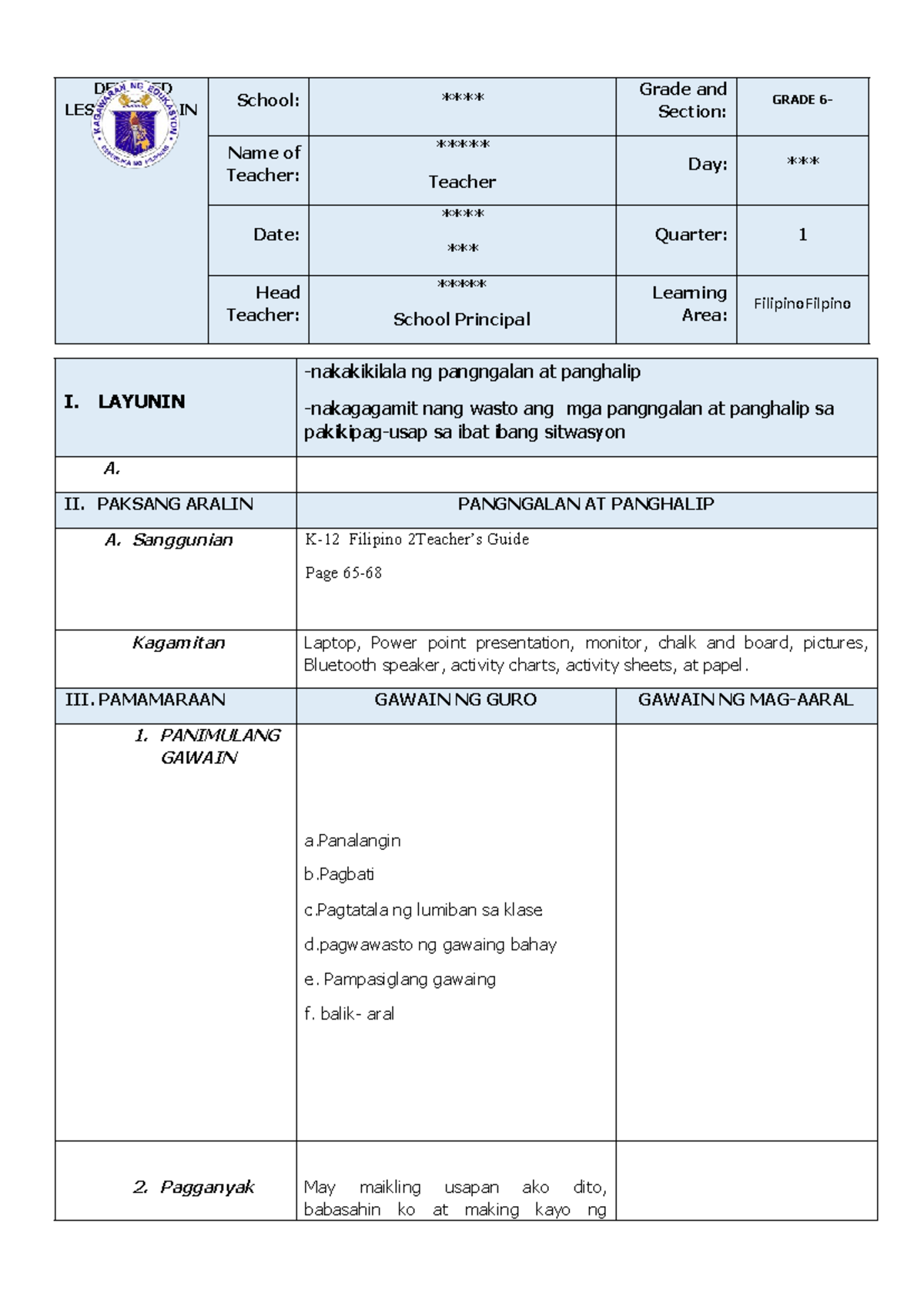 Final Lesson Plan on Pangngalan at Panghalip for Filipino 6 - Q1 - Studocu