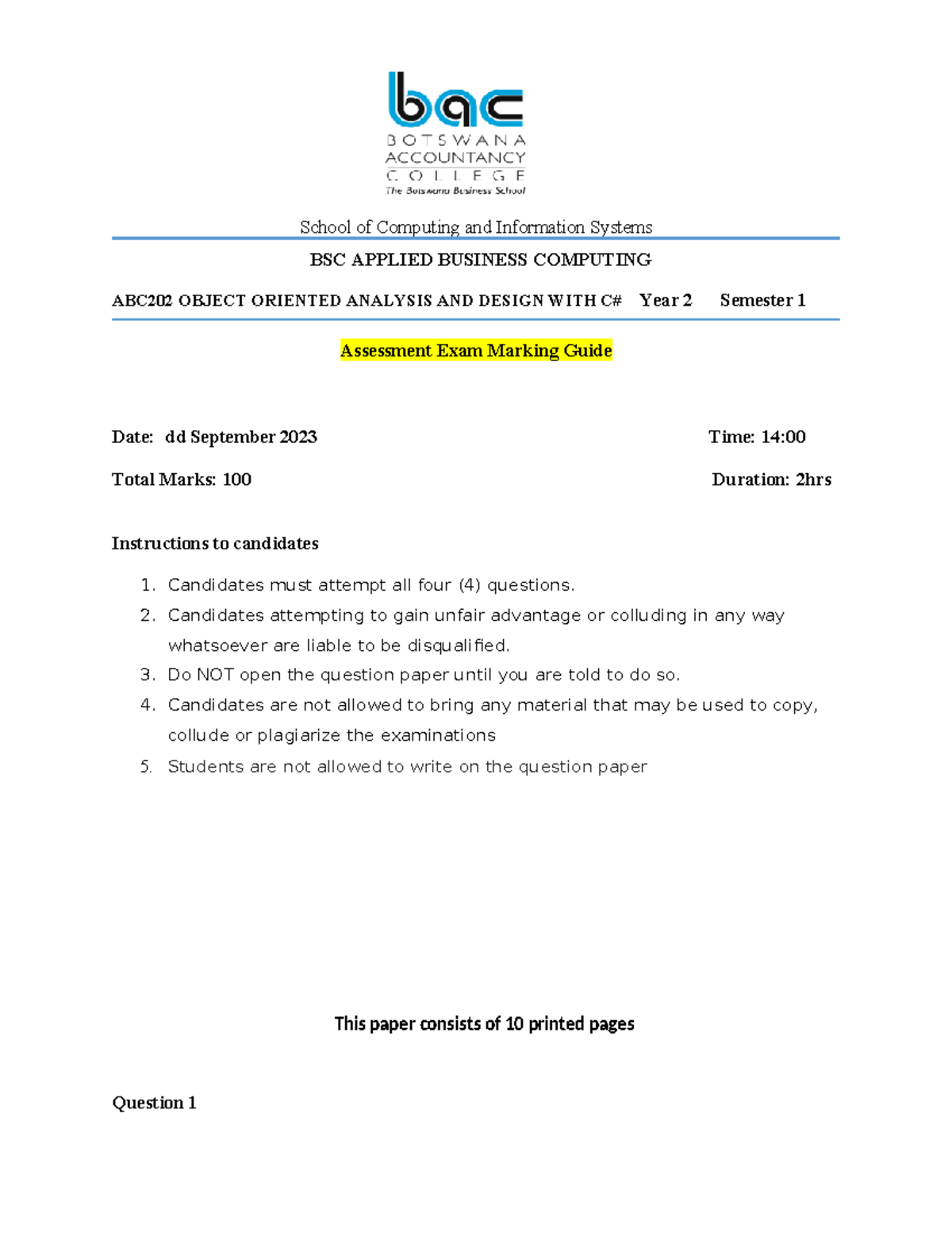 BSC ABC202 OOAD with C# Year 2 Semester 1 Exam Marking Guide - Studocu