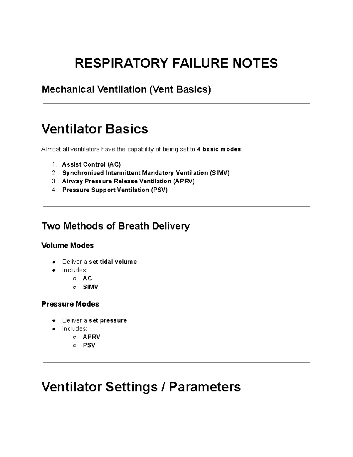 RESPIRATORY FAILURE NOTES: Mechanical Ventilation Basics - Studocu