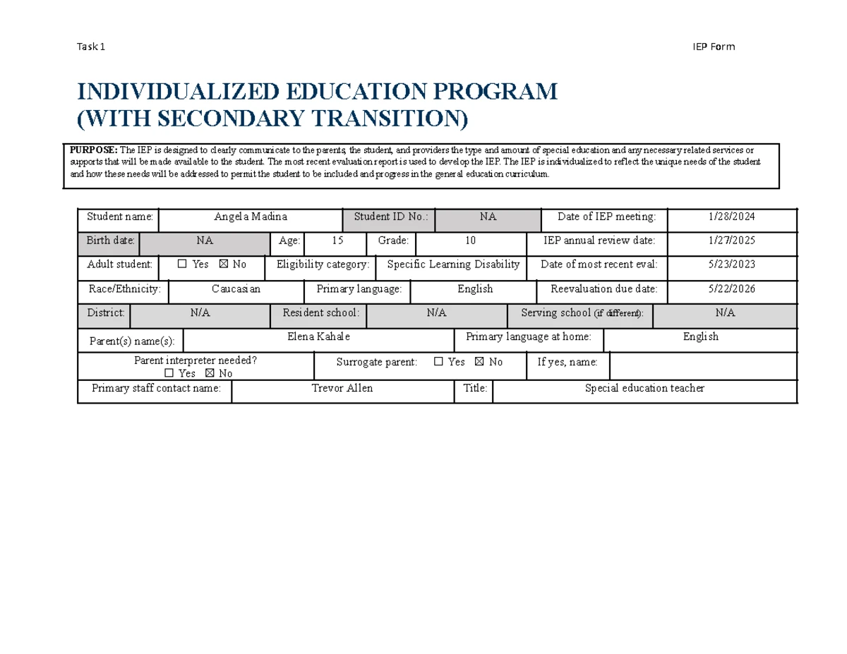 Task 1 IEP Form: Individualized Education Program for Angela Madina ...