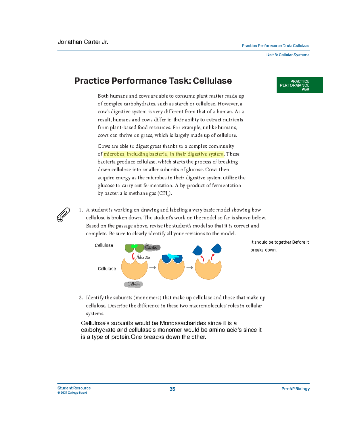 Pre-AP BIO SR U3 Performance Task: Exploring Cellulase Mechanisms - Studocu
