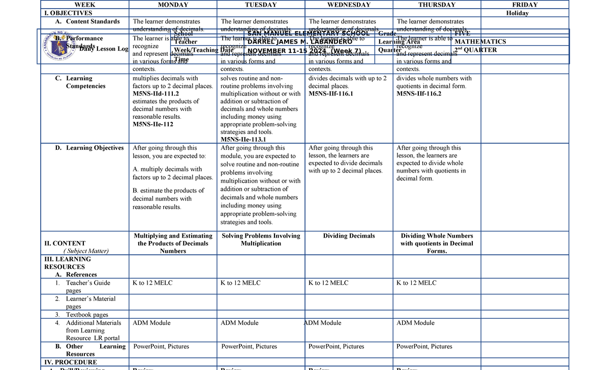 DLL WEEK 6 MATH - DLL - Daily Lesson Log School SAN MANUEL ELEMENTARY SCHOOL Grade FIVE Teacher ...