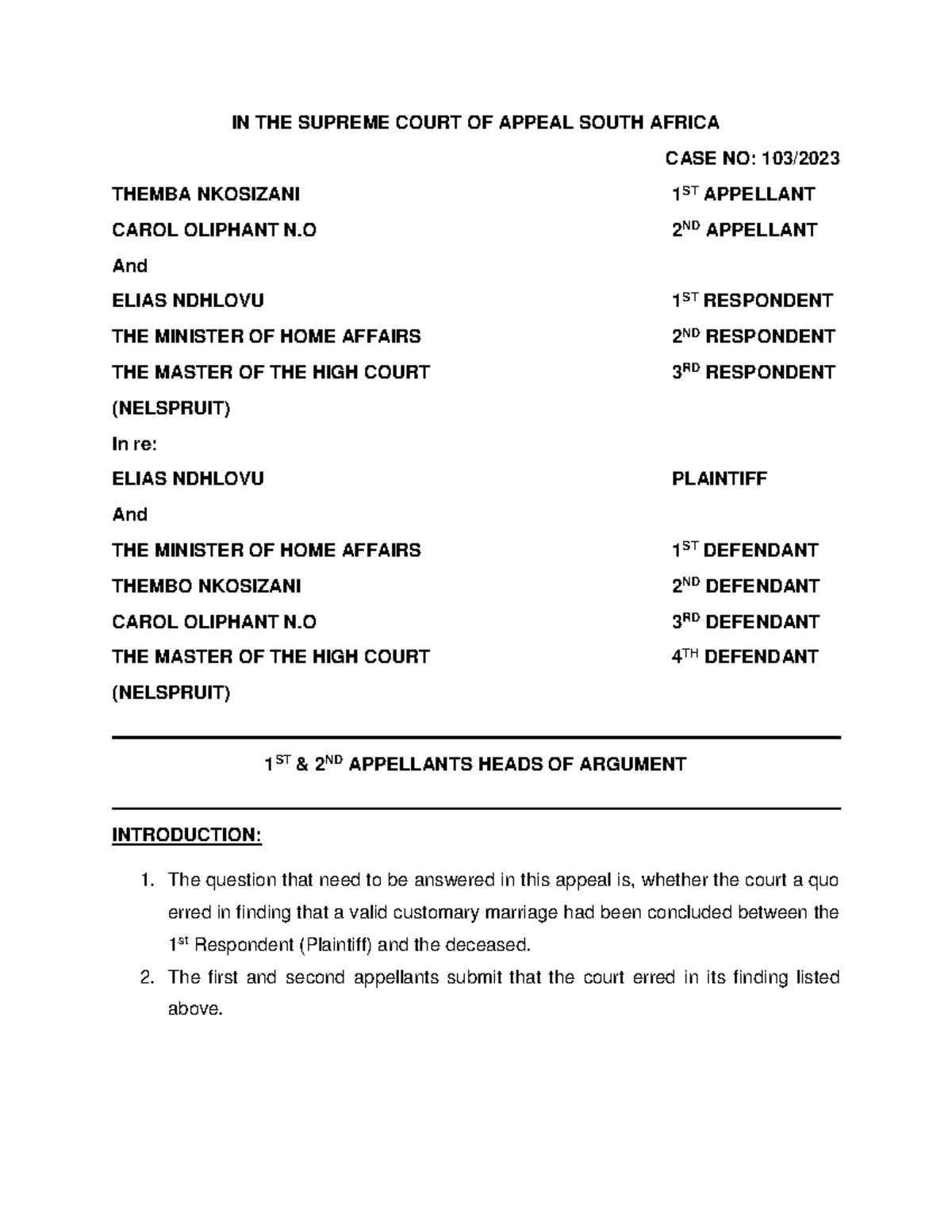 Heads of Argument: Customary Marriage Appeal Case 103/2023 - Studocu