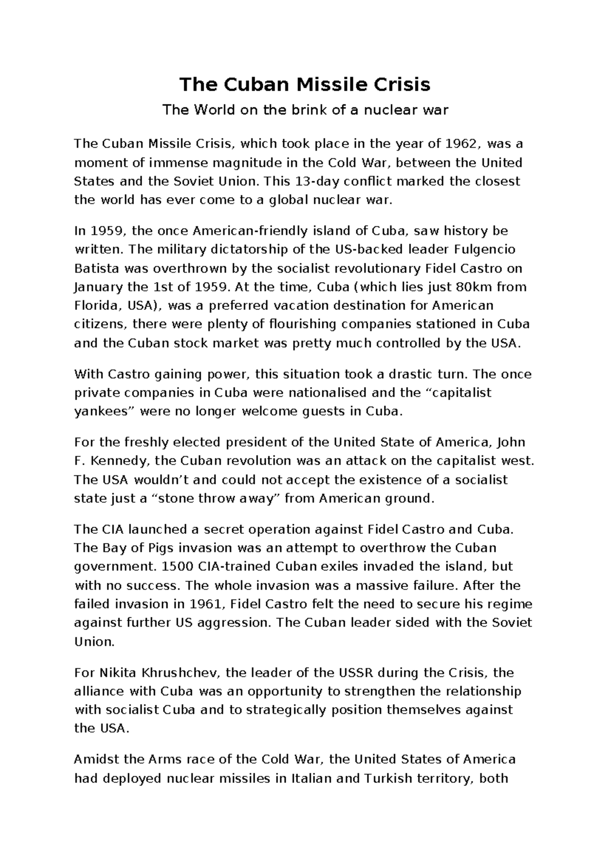 The Cuban Missile Crisis - the world on the brink of a nuclear war ...
