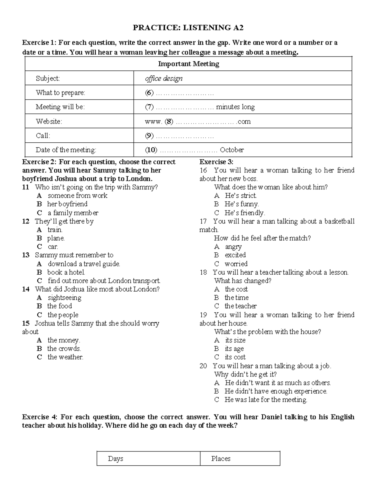 PRACTICE: LISTENING A2 Exercises and Activities Overview - Studocu