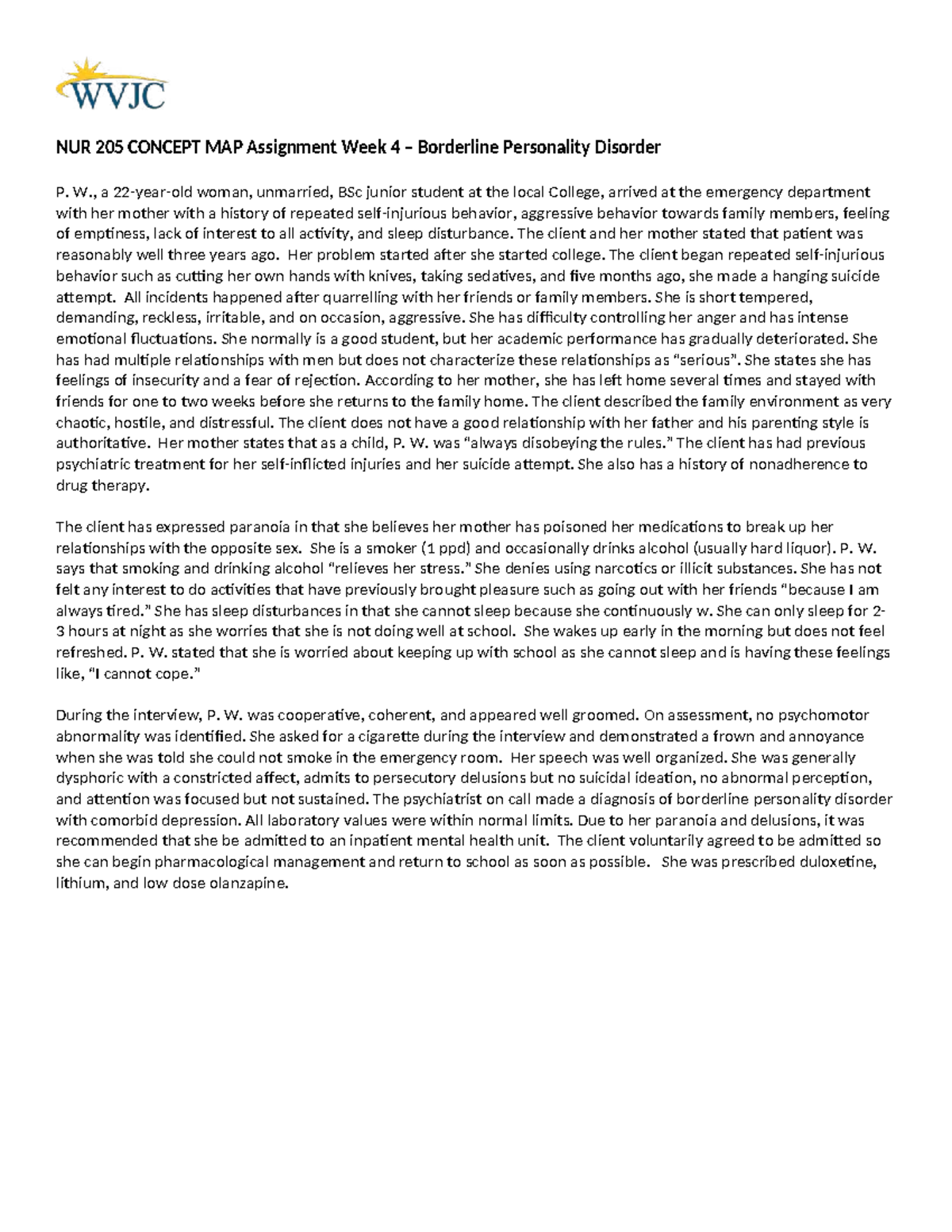 NUR 205 Week 4 Concept Map: Borderline Personality Disorder Analysis ...