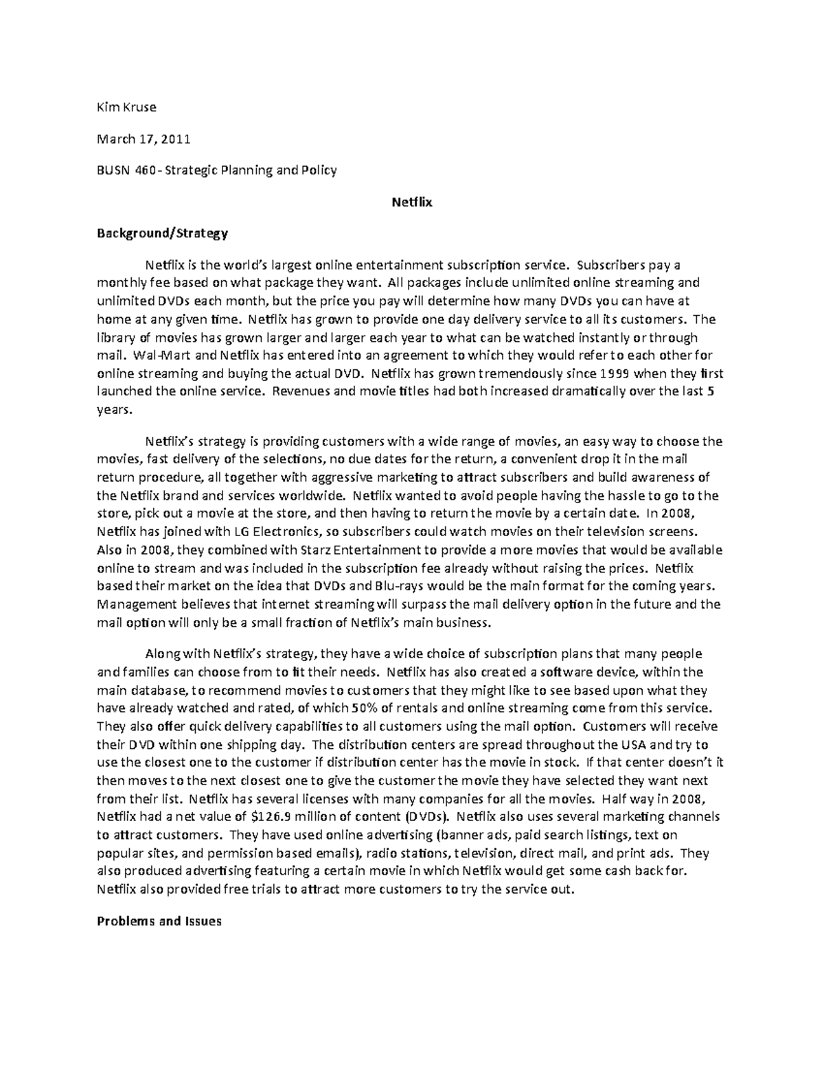 Case Study 1: Netflix vs. Blockbuster - BUSN Strategic Planning - Studocu