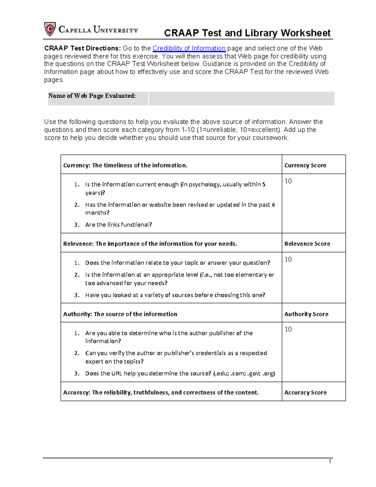 CRAAP Test and Library Worksheet - CRAAP Test Directions: Go to the ...