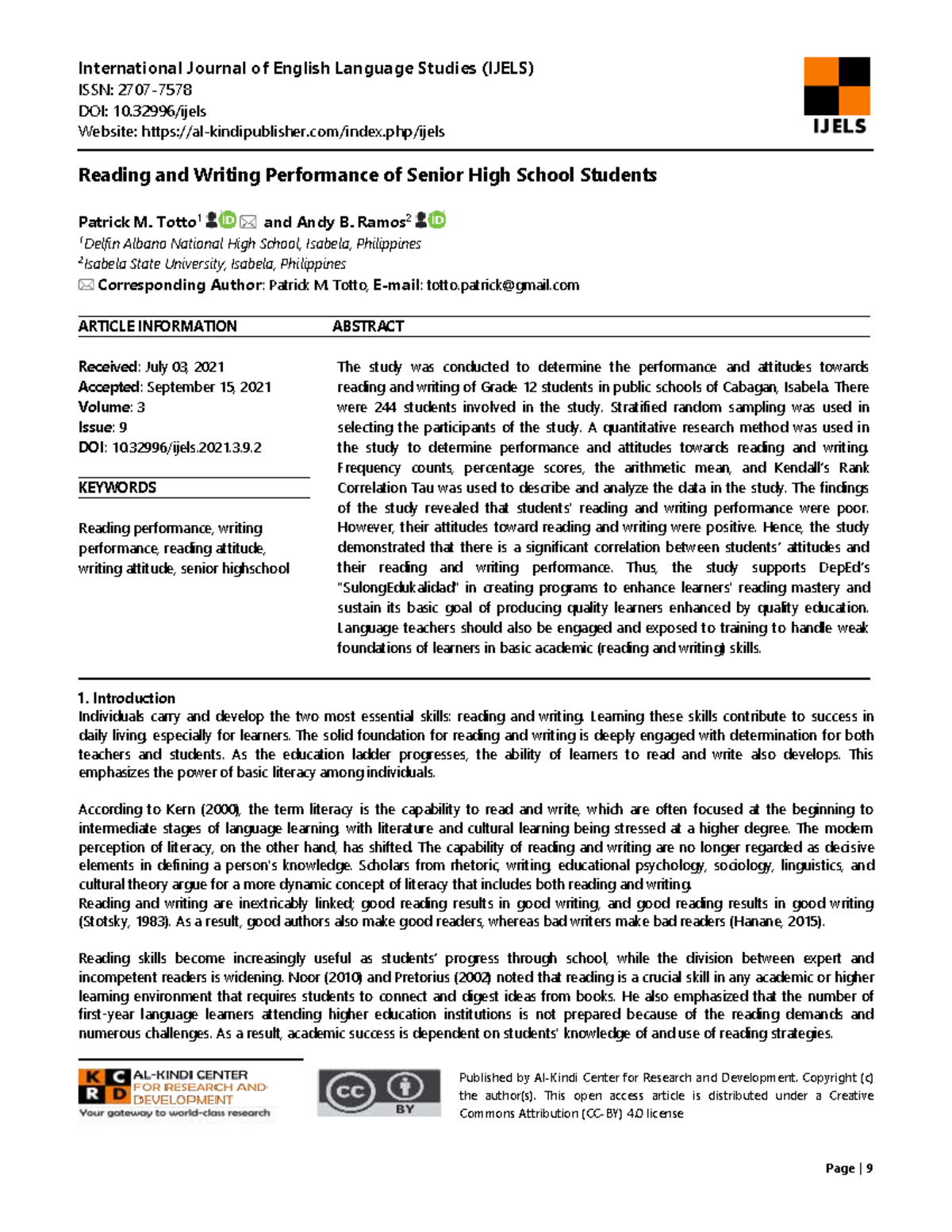 Reading and Writing Performance of Grade 12 Students: An Analysis of ...