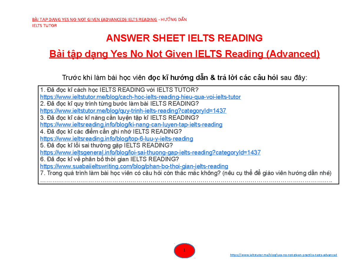 Answer Sheet Ielts Reading - BÀI TẬP DẠNG YES NO NOT Given Ielts Reading ( Advanced) - Studocu