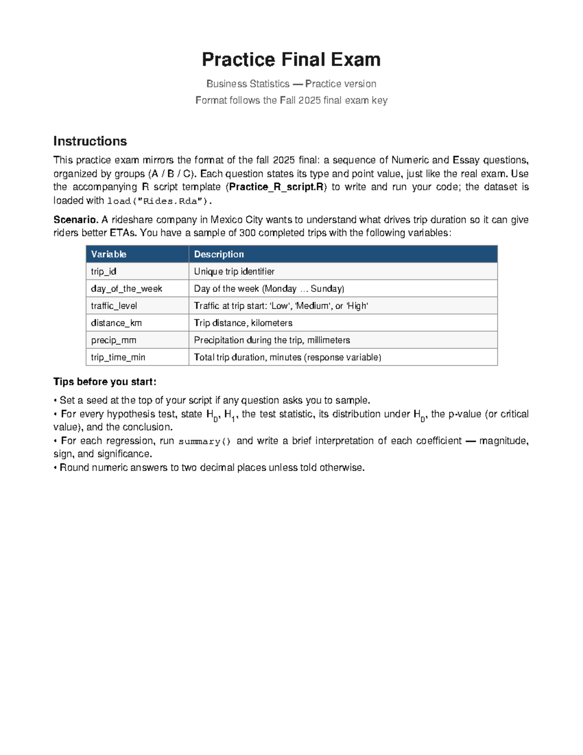 Practice Final Exam - Business Statistics (Fall 2025) - Studocu
