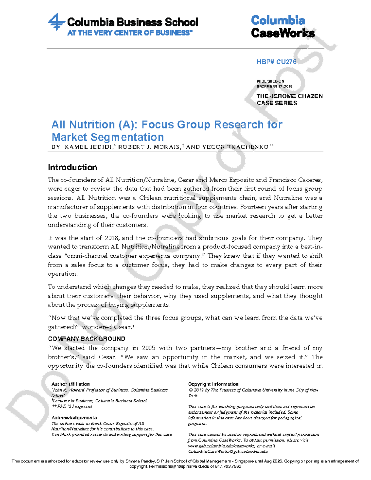 All Nutrition (A): Focus Group Research for Market Segmentation Case ...