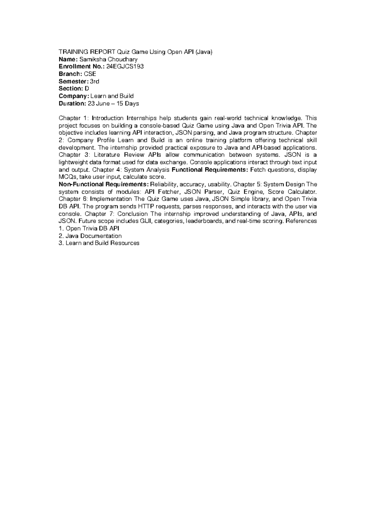CSE 3rd Sem Training Report: Quiz Game Using Open API (Java) - Studocu