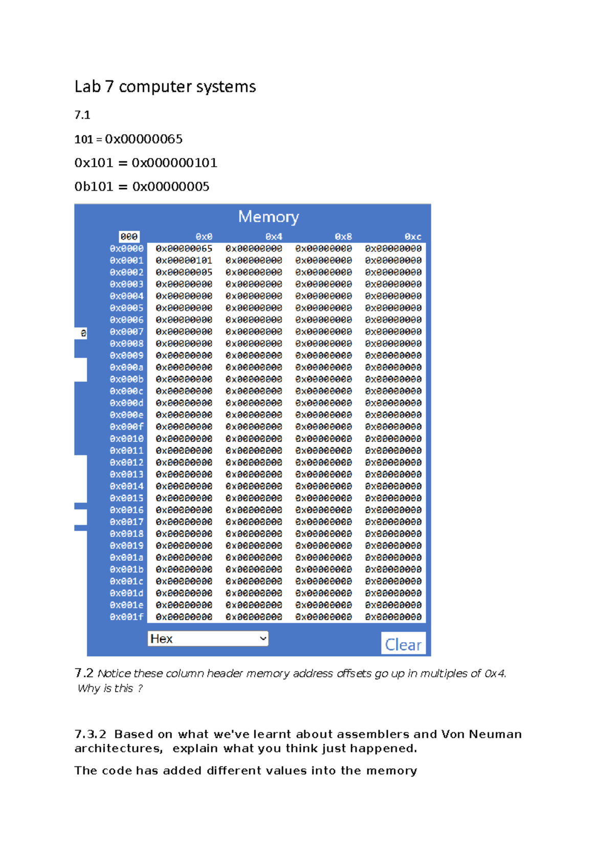 Lab 7 computer systems - Lab 7 work - Lab 7 computer systems 7. 101 = 0x 0x101 = 0x 0b101 = 0x 7 ...