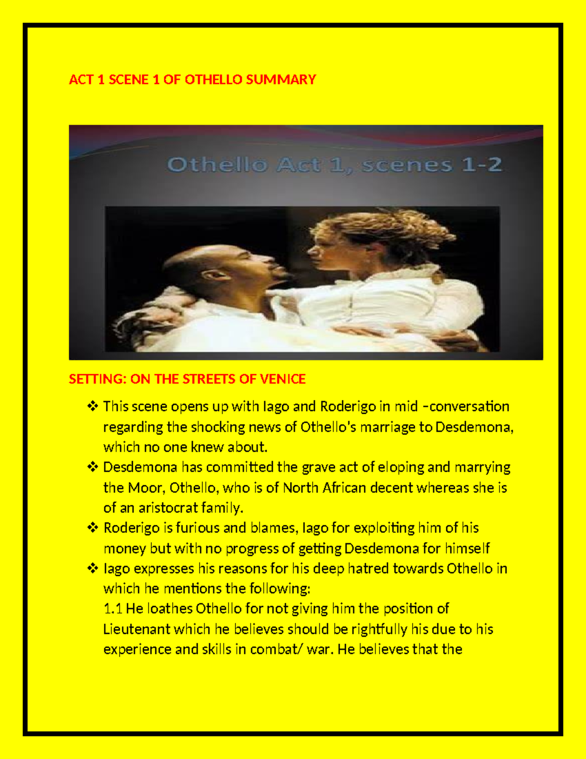 ACT 1 Scene 1 OF Othello Summary year 11 - ACT 1 SCENE 1 OF OTHELLO ...