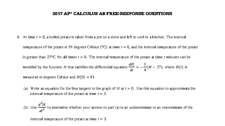 AP Calculus AB Differential Equations FRQ Practice 1 - Studocu