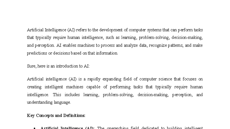 FAI Notes 1: Introduction to Artificial Intelligence Concepts - Studocu