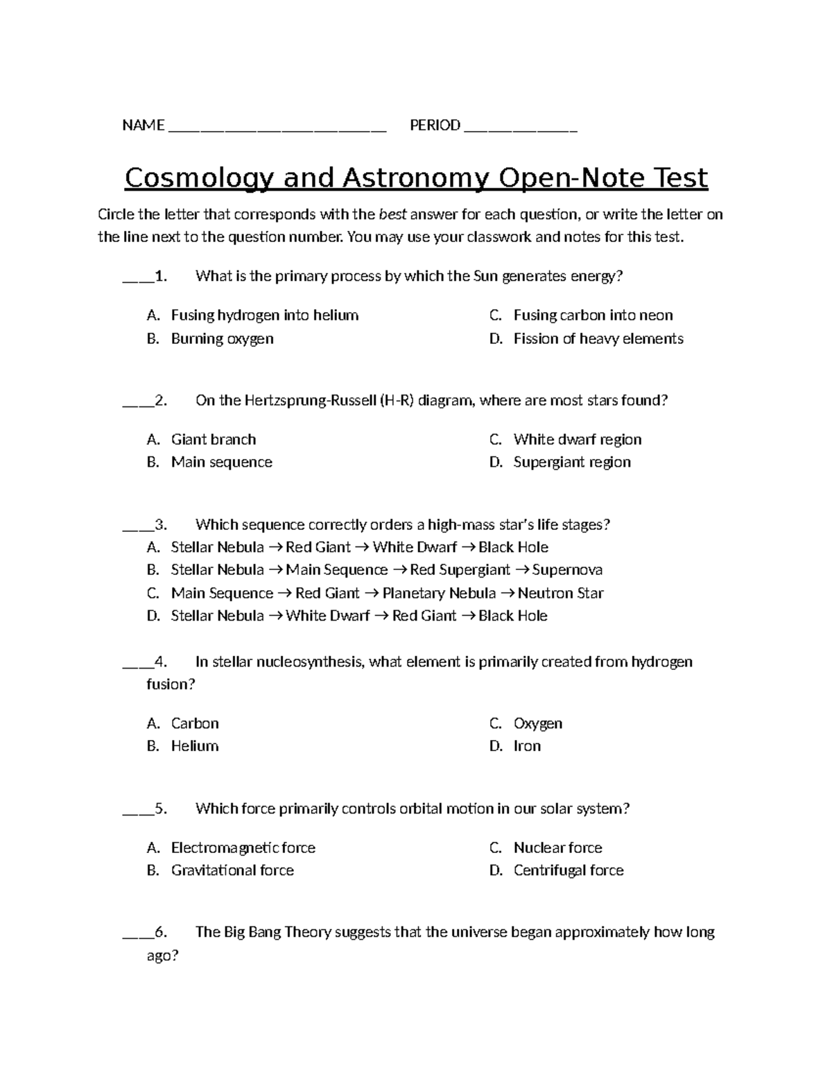 Cosmology and Astronomy Open-Note Test (Astronomy 101) - Studocu