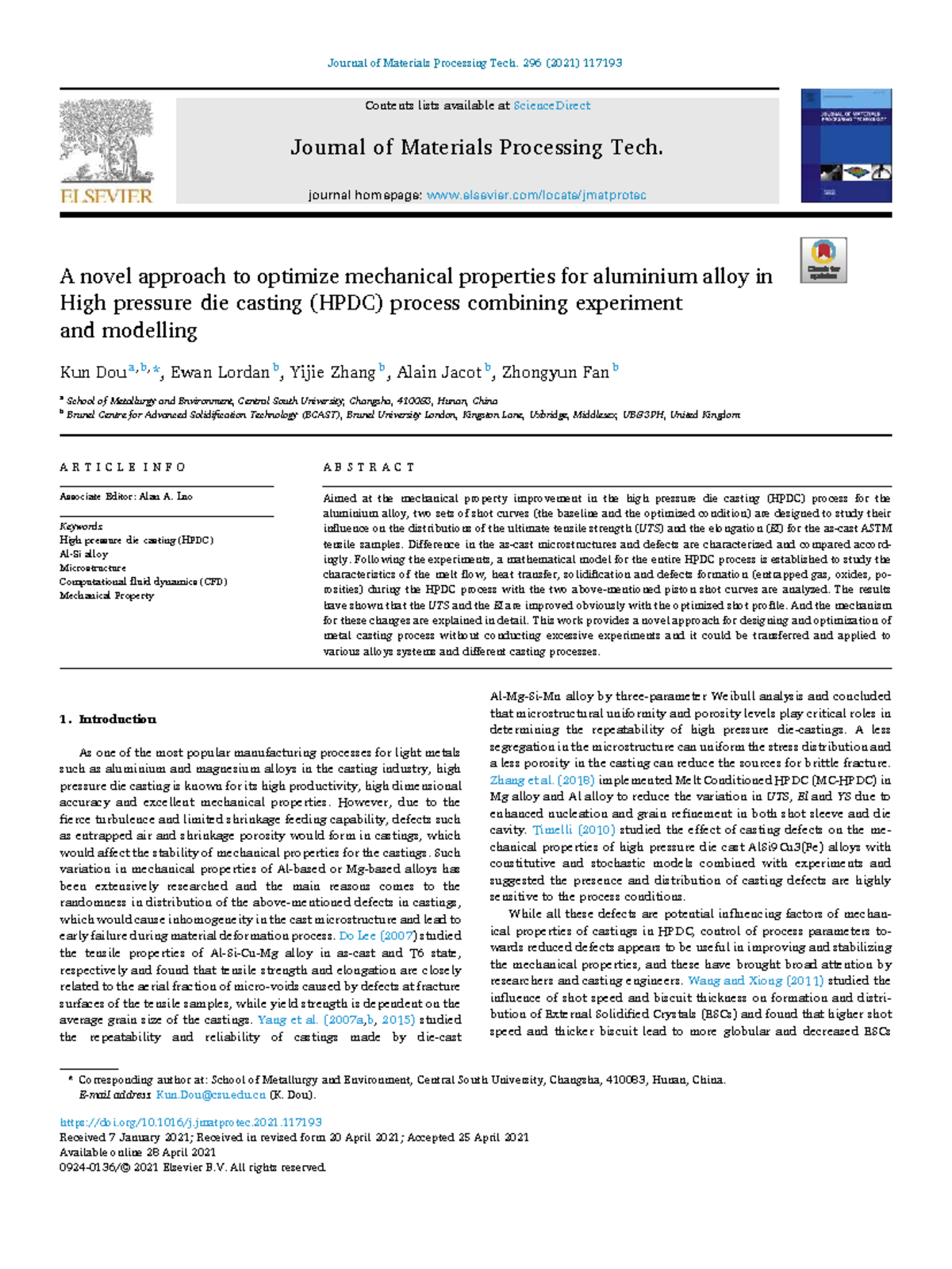 Optimizing Mechanical Properties of A356 Alloy in HPDC Process - Studocu
